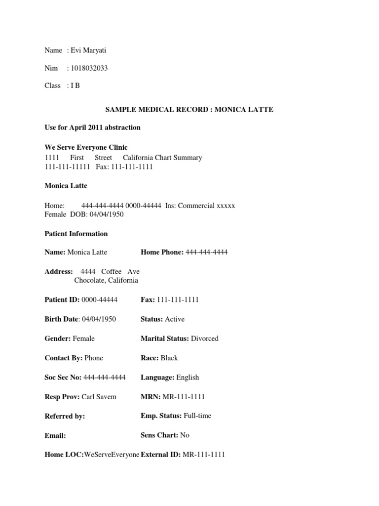 Medical Record Summary for Monica Latte | PDF | Cholesterol | Low ...