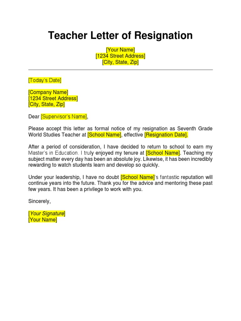 Teacher Resignation Letter | PDF