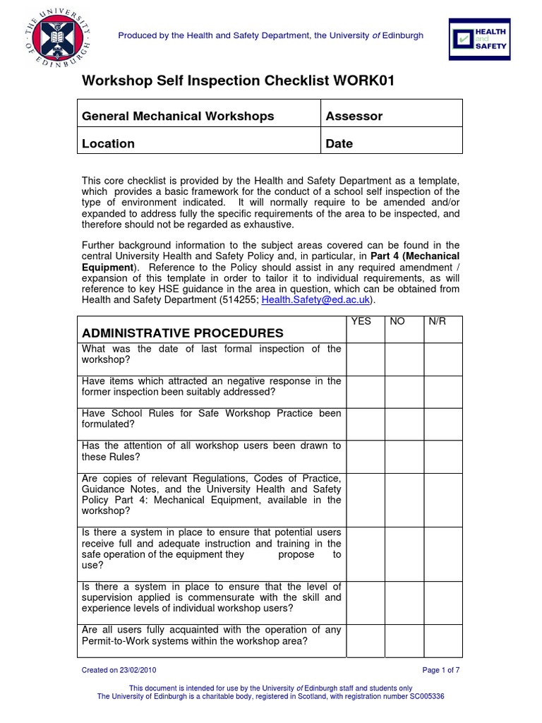 Workshop Self Inspection Checklist WORK01: General Mechanical Workshops Assessor Location Date ...