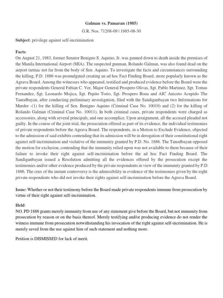 Immunity in Galman v. Pamaran Case | PDF | Right To Silence | Self ...
