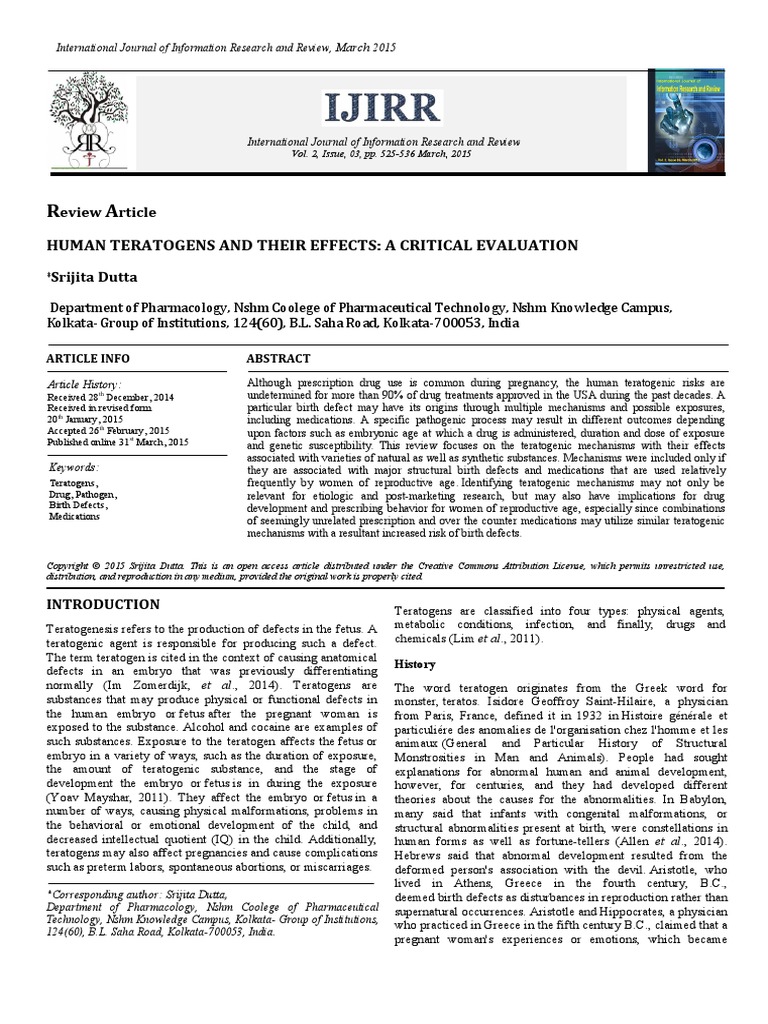 Human Teratogens and Their Effects - A Critical Evaluation | PDF ...