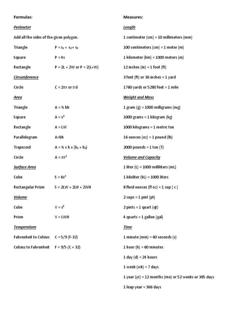 Formulas | PDF | Fraction (Mathematics) | Subtraction