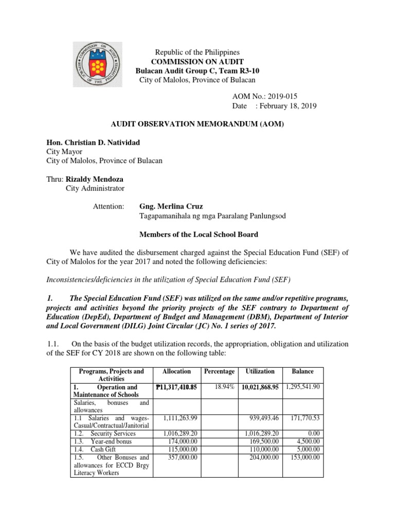 updated-AOM-No.-2019-015-SEF Reviewed | PDF | Salary | Audit