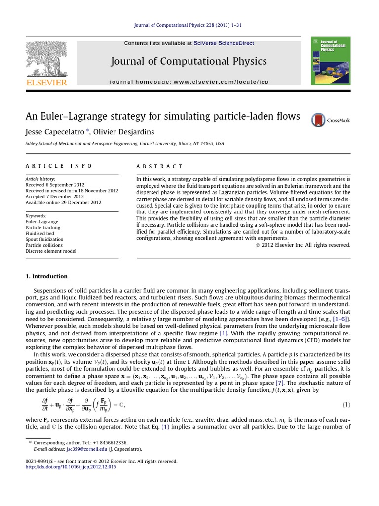 Capecelatro Desjardins 2013 An Euler-Lagrange Strategy For Simulating Particle-Laden Flows PDF ...