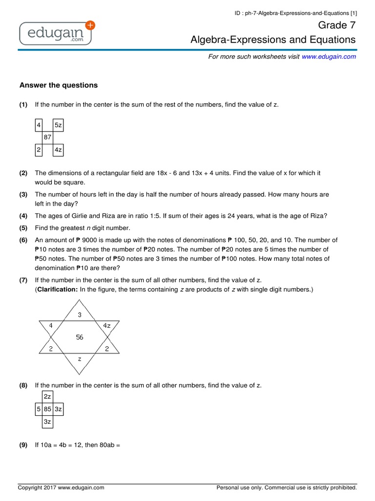 Grade 7 Algebra Expressions and Equations PH | PDF | Numbers | Equations