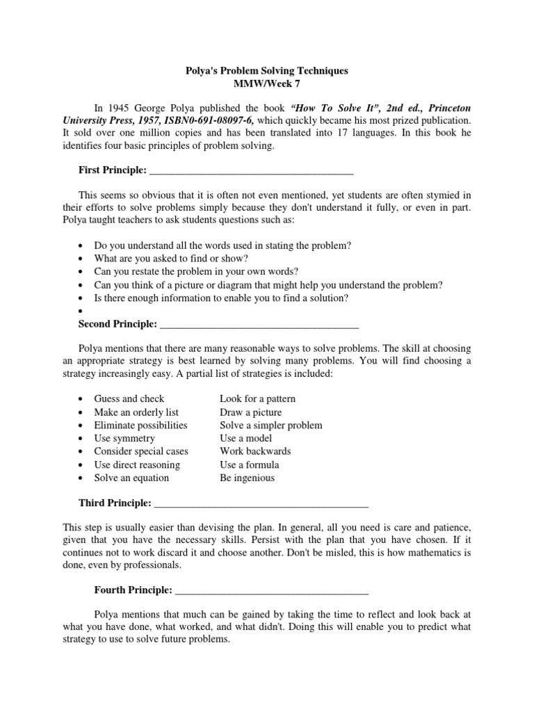 Understanding Polya's Four Problem Solving Principles and Additional ...