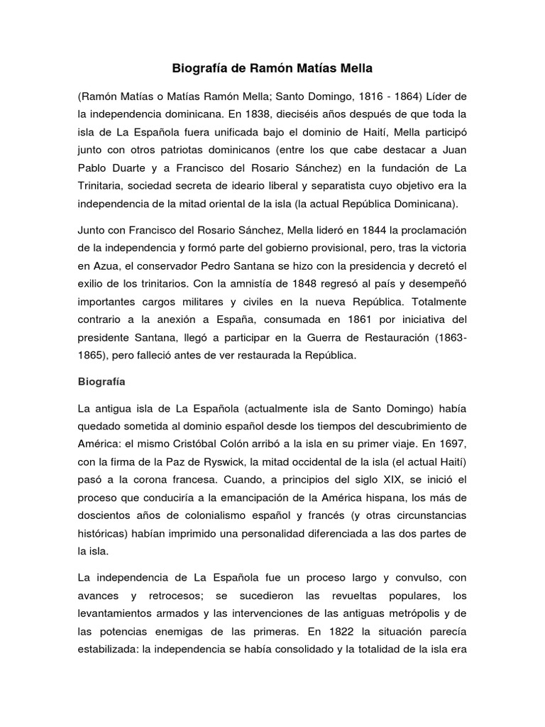 Biografía de Ramón Matías Mella | PDF | República Dominicana | Agitación
