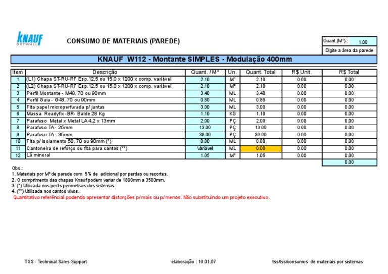 Consumo Parede KNAUF W112-Montante SIMPLES - Mod. 400 | PDF | Materiais ...