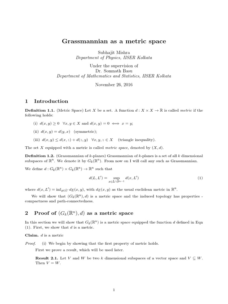 Grassmannian As A Metric Space | PDF | Metric (Mathematics) | Basis ...
