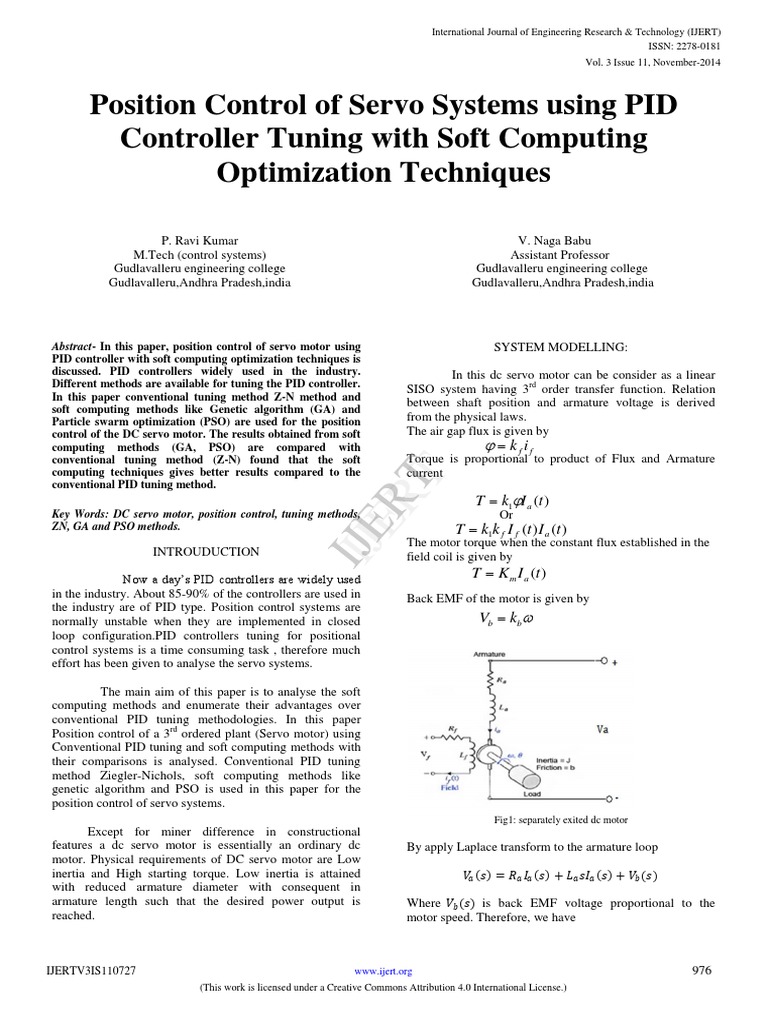 Position Control Of Servo Systems Using Pid Controller Tuning With Soft Computing Optimization