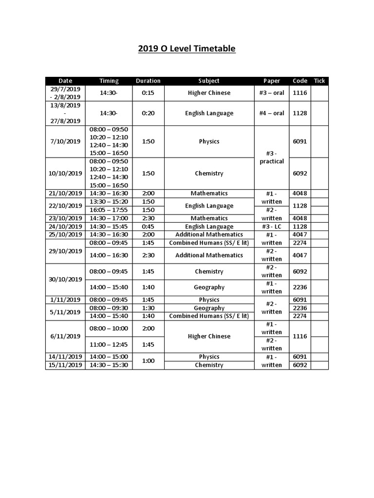 2019 O Level Timetable | PDF | Educational Stages | Cognition