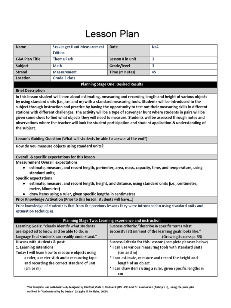 Lesson Plan: Scavenger Hunt Measurement Edition N/A Theme Park 3 Math 3 ...