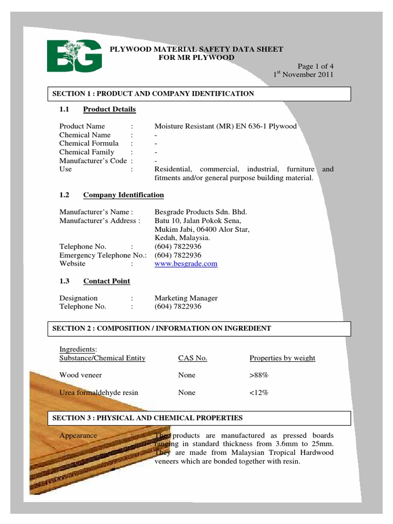 MR Plywood Safety Data Sheet | PDF | Plywood | Ventilation (Architecture)