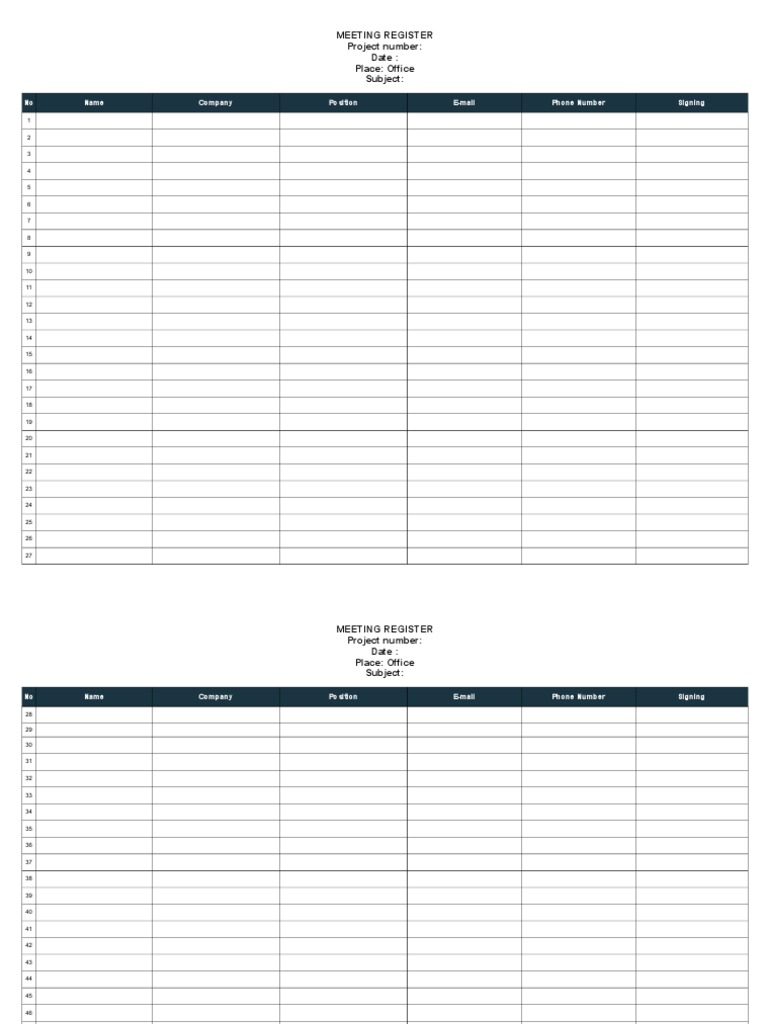 Meeting Register Project Number: Date: Place: Office Subject | PDF