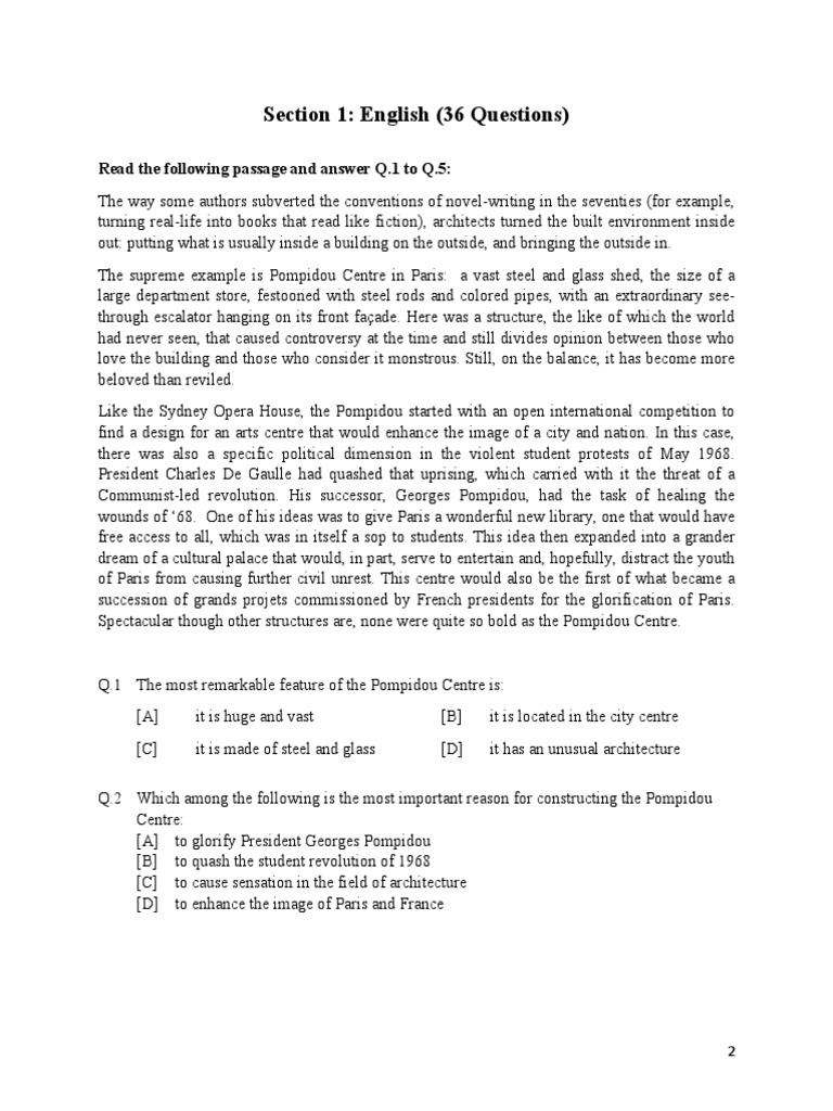 Section 1: English (36 Questions) : Read The Following Passage and ...