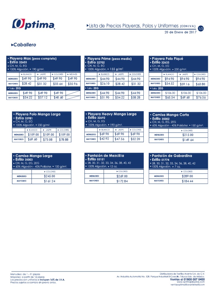 Lista de Precios Playeras, Polos y Uniformes | PDF