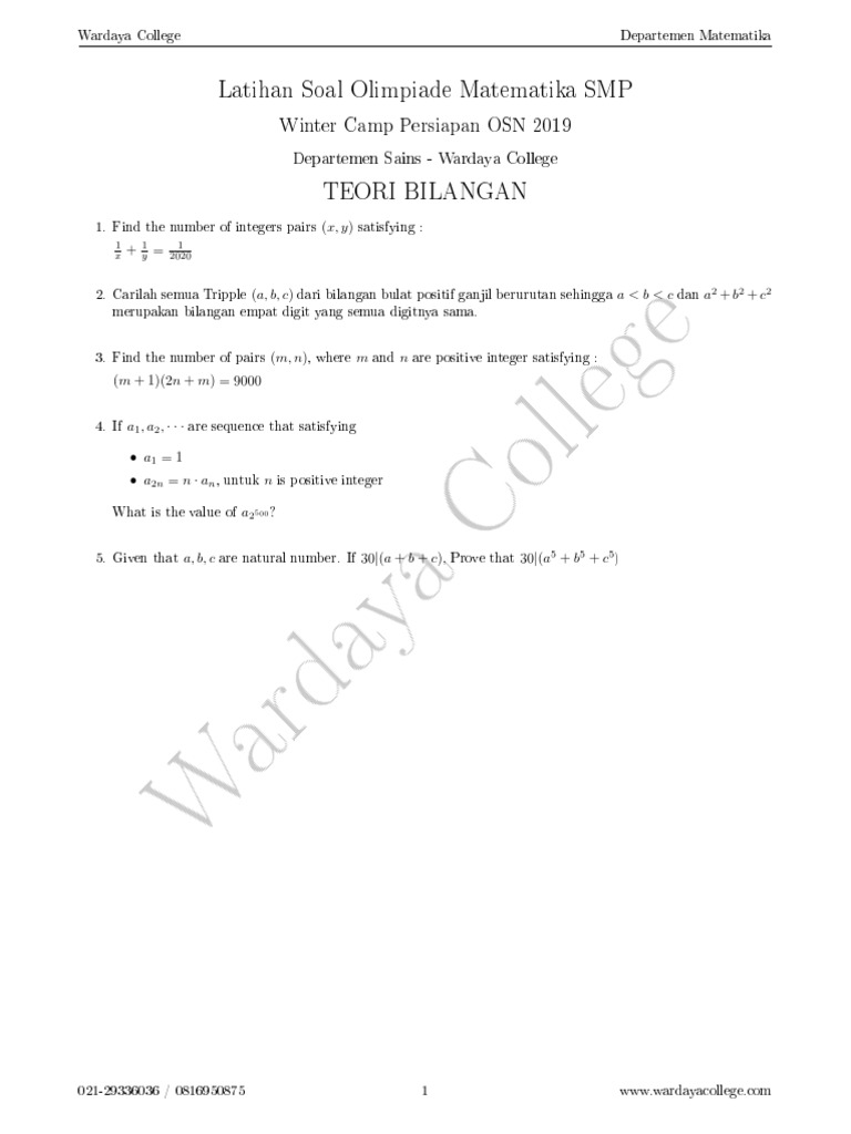 2018 12 Latihan Soal - Olimpiade SMP - Matematika Teori Bilangan PDF | PDF