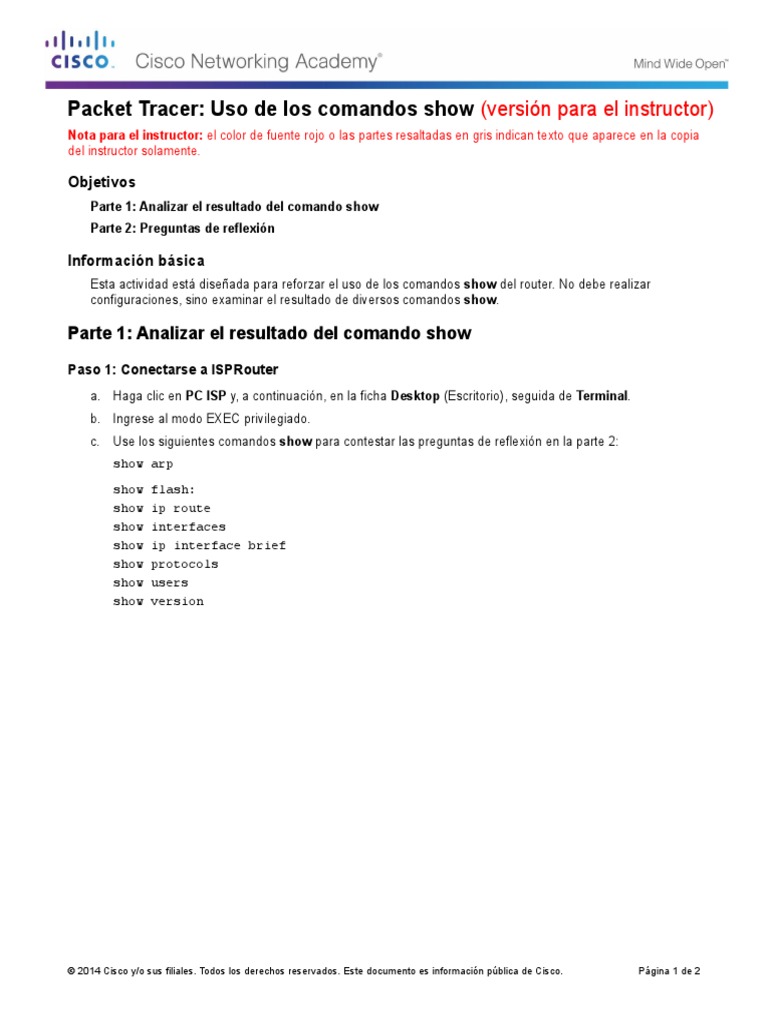 11.3.3.4 Packet Tracer - Using Show Commands Instructions IG | PDF | Enrutador (Computación ...