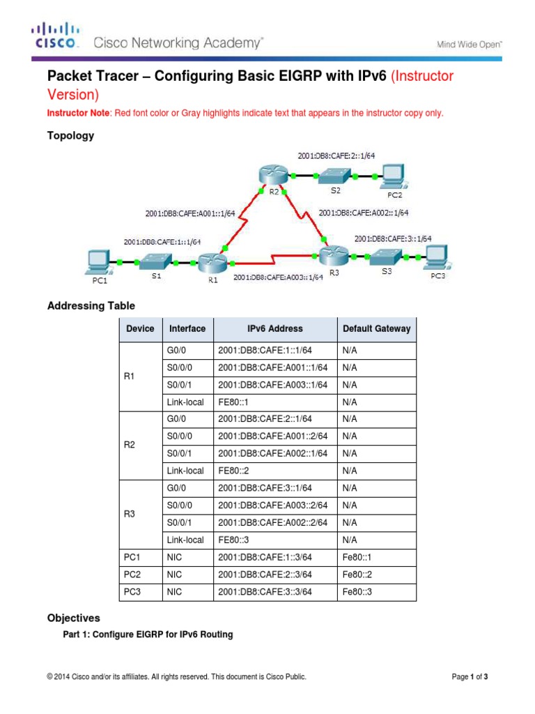 7.4.3.4 Packet Tracer - Configuring Basic EIGRP With IPv6 Routing Instructions IG PDF | PDF | I ...
