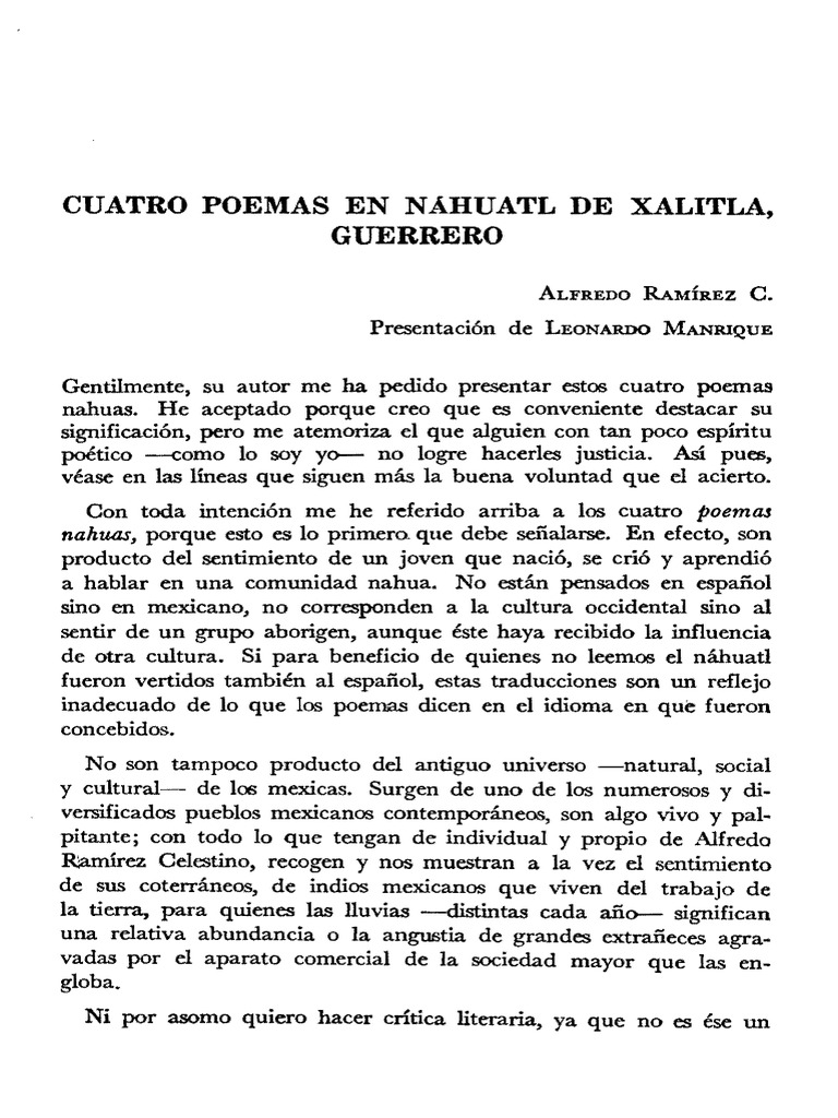 Cuatro Poemas En Náhuatl Y Español Pdf Náhuatl México