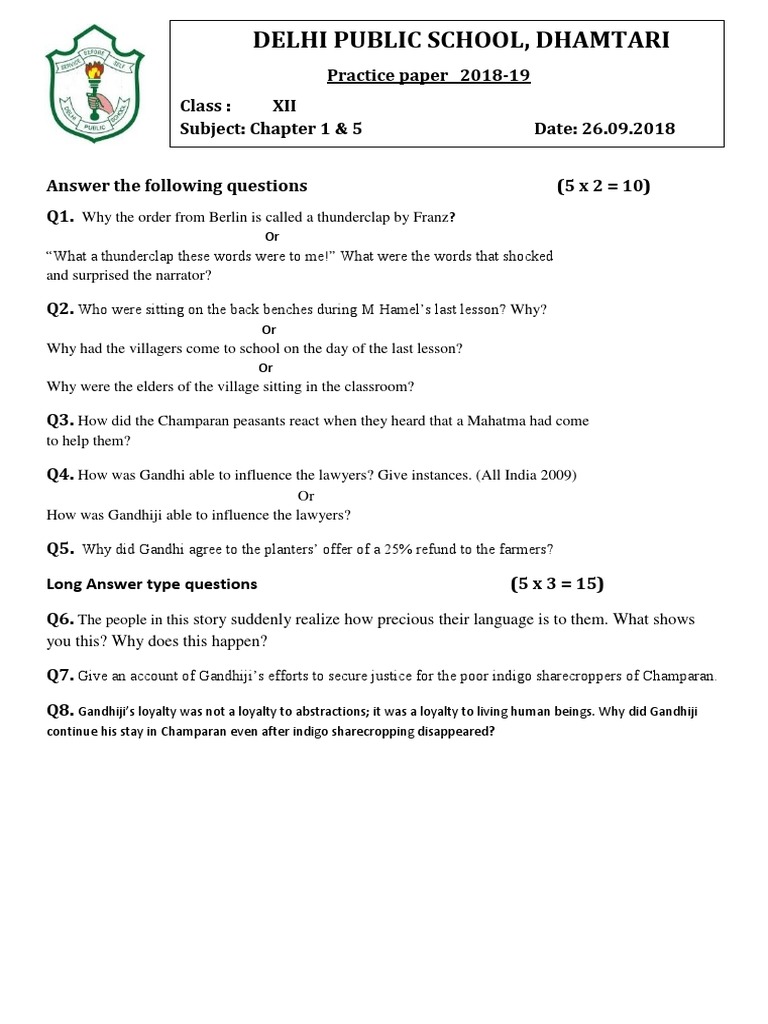 Delhi Public School, Dhamtari: Practice Paper 2018-19 Class: XII ...