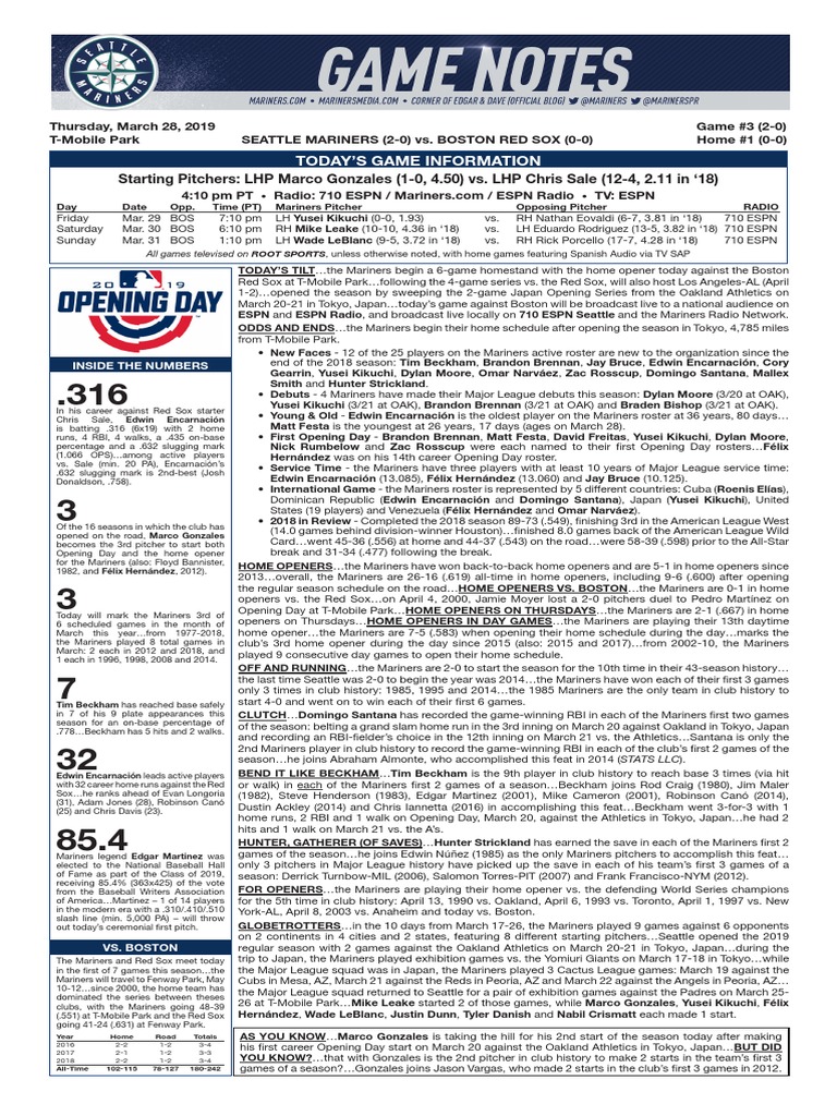 03.28.19 Game Notes | PDF | Home Run | Boston Red Sox
