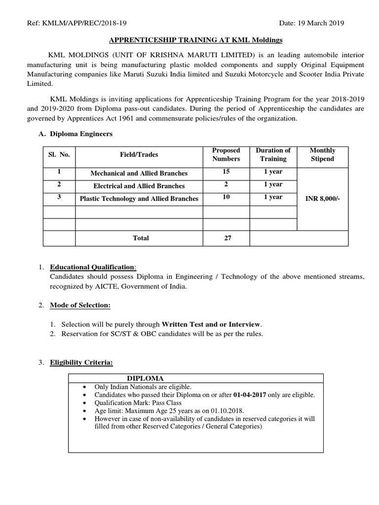 Apprenticeship Training at KML Moldings | PDF | Apprenticeship ...