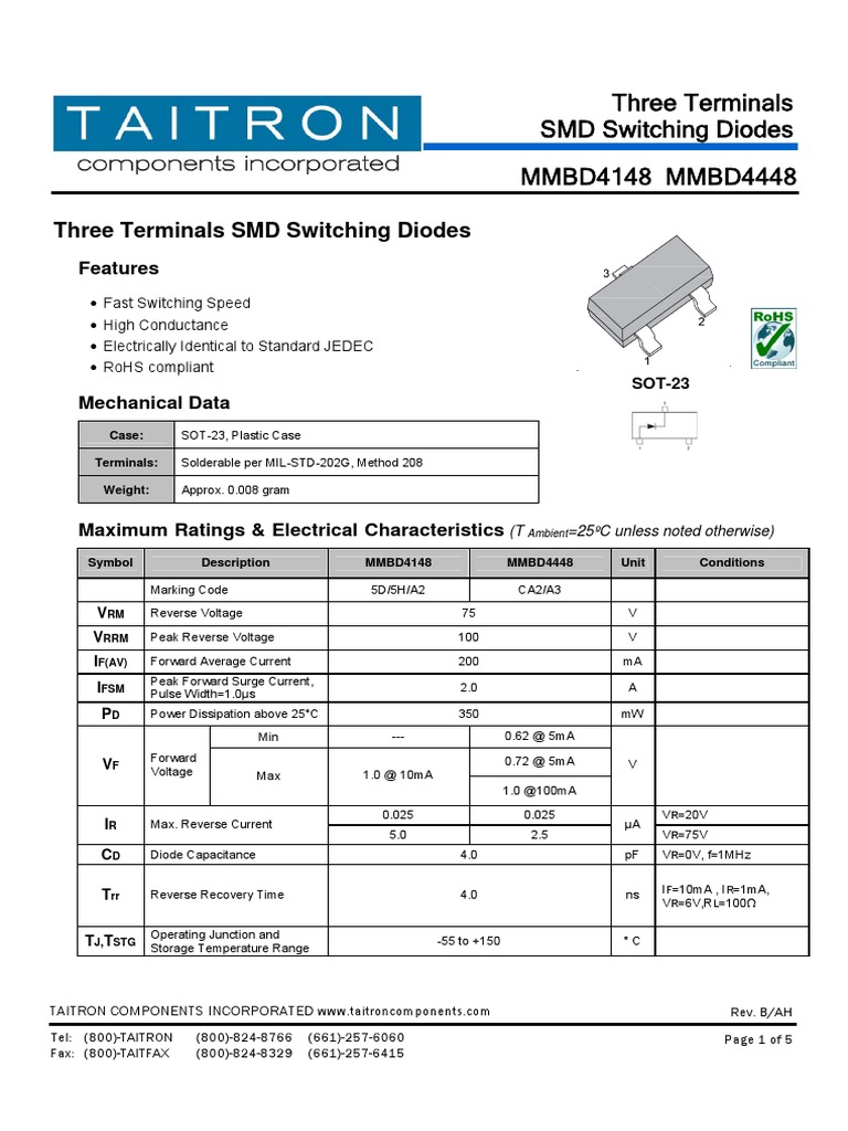 Diode Silicon Mmbd4148 75v 0.2a Sot-23 | PDF | Diode | Electrical Equipment