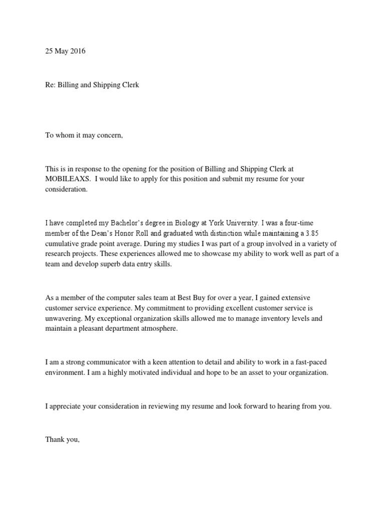 Billing Clerk Cover Letter | PDF