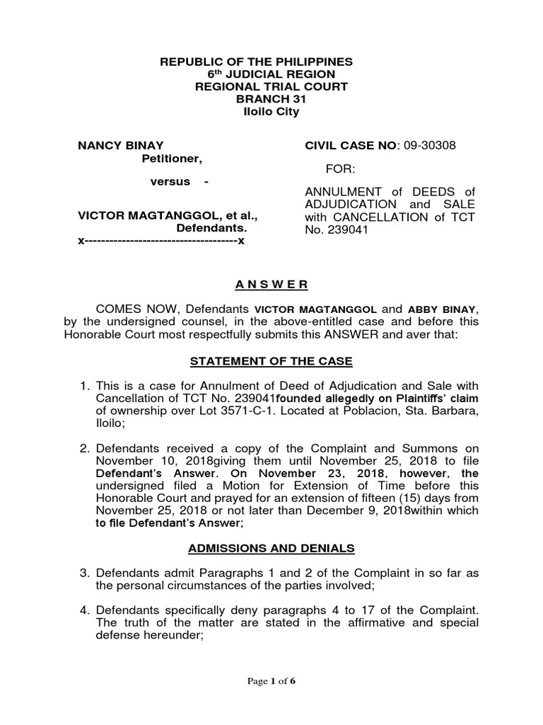 Super Final Answer Annulment | PDF | Complaint | Lawsuit