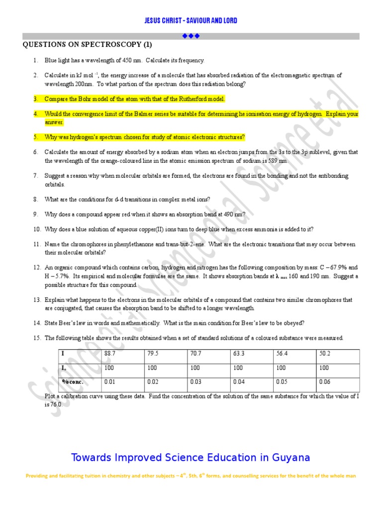 Spectroscopy Intro and UVis Questions | PDF | Emission Spectrum | Molecules