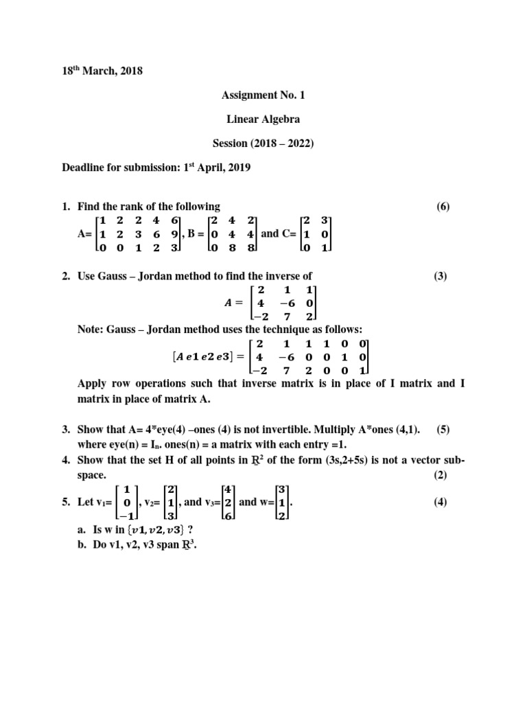 Assignment 1 Linear Algebra | PDF | Matrix (Mathematics) | Abstract Algebra