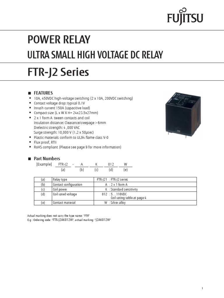 Power Relay FTR-J2 Series: Ultra Small High Voltage DC Relay | PDF | Relay | Series And Parallel ...