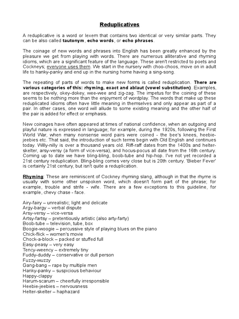 Reduplicatives: Various Categories of This: Rhyming, Exact and Ablaut ...