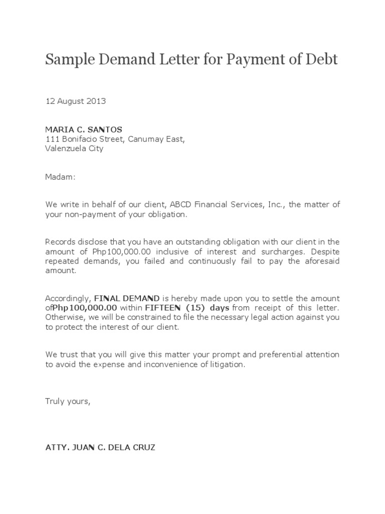 Sample Demand Letter For Unpaid Obligation | PDF | Finance & Money ...