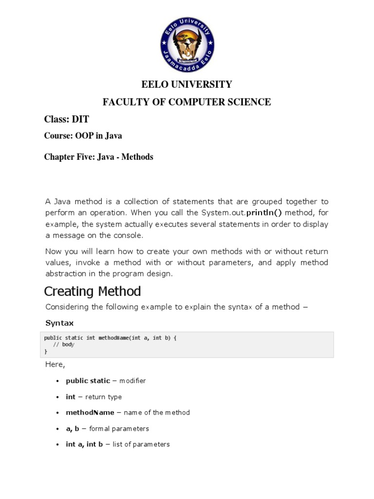 Creating Method Eelo University Faculty Of Computer Science Class Dit Pdf Method Computer