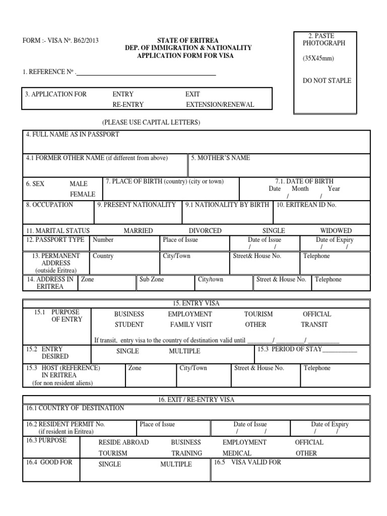 Dep. of Immigration & Nationality Application Form For Visa | PDF ...