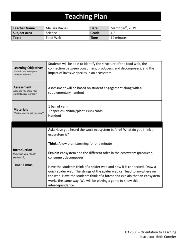 Microteach Lesson Plan | PDF | Food Web | Ecosystem