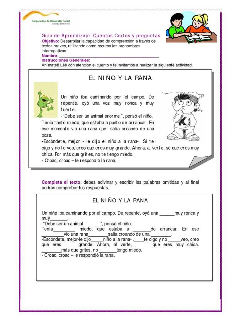 El Niño Y La Rana: Guía de Aprendizaje: Cuentos Cortos y preguntas