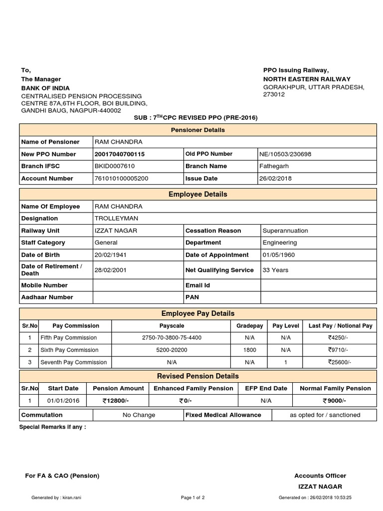 Employee Details: Old PPO Number | PDF | Pension | Payments