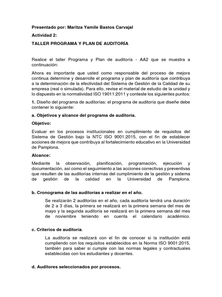 Taller Programa y Plan de Auditoria | PDF | Auditoría | Planificación