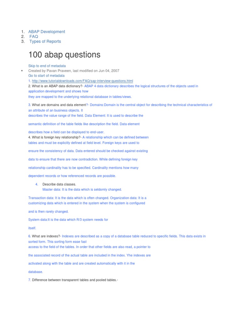 100 Abap Questions: ABAP Development FAQ Types of Reports | PDF ... 100 Abap Questions: ABAP Development FAQ Types of Reports | PDF ...