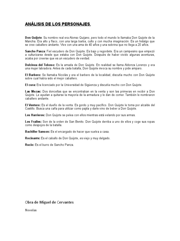 Análisis de Los Personajes | PDF | Miguel De Cervantes | Don Quijote