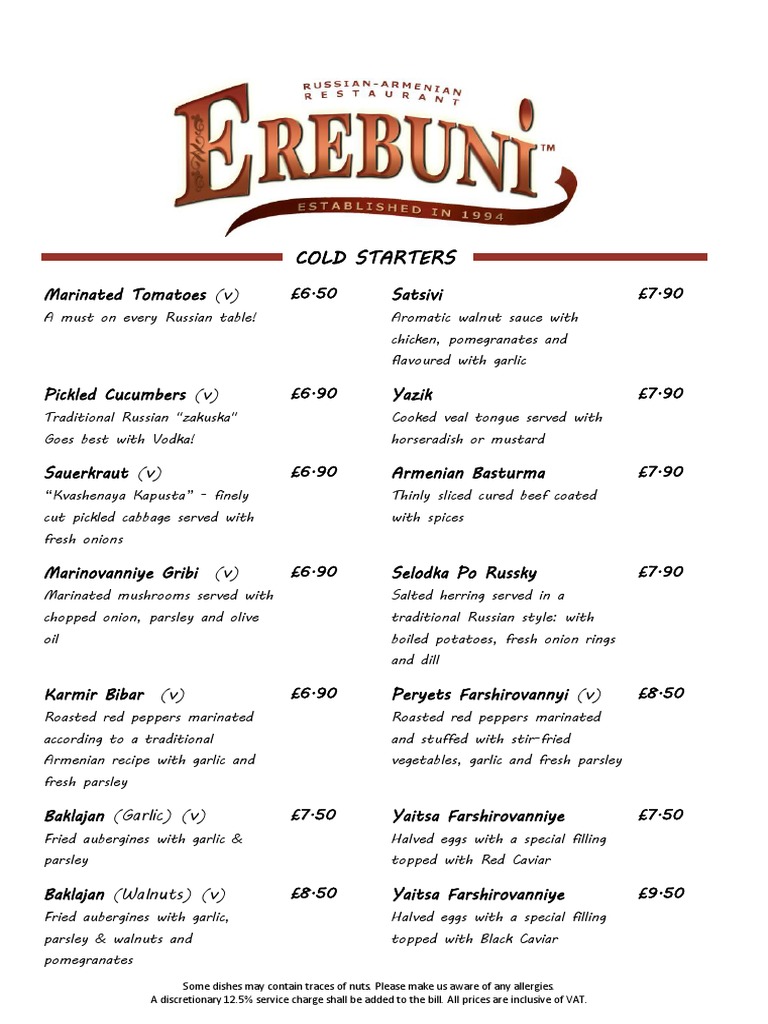 Erebuni Restaurant Menu Overview | PDF | Kebab | Dill