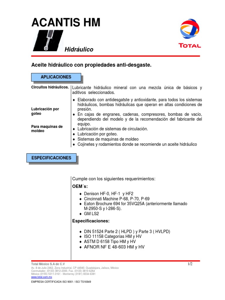 Aceite Hidráulico Acantis HM 68 | PDF | Lubricante | Materiales