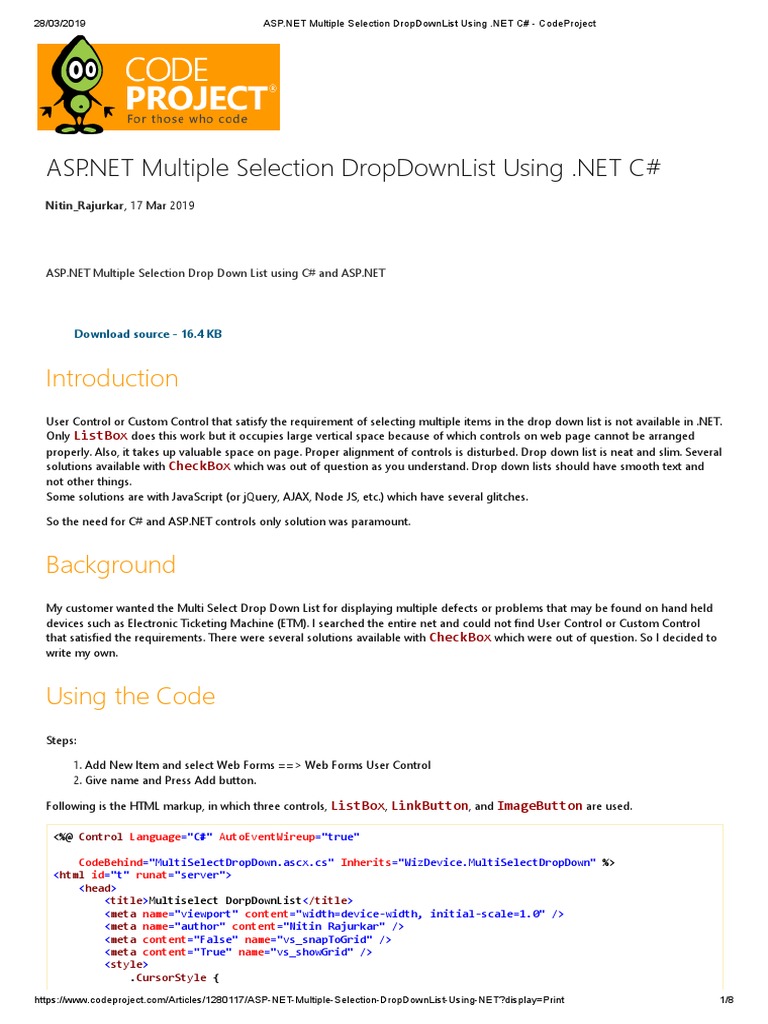 Multiple Selection DropDownList Using .NET C# - CodeProject | PDF | C Sharp (Programming ...