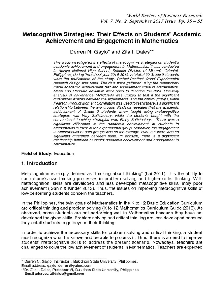 Metacognitive Strategies Their Efffects To Academic Performance And Engagement Pdf