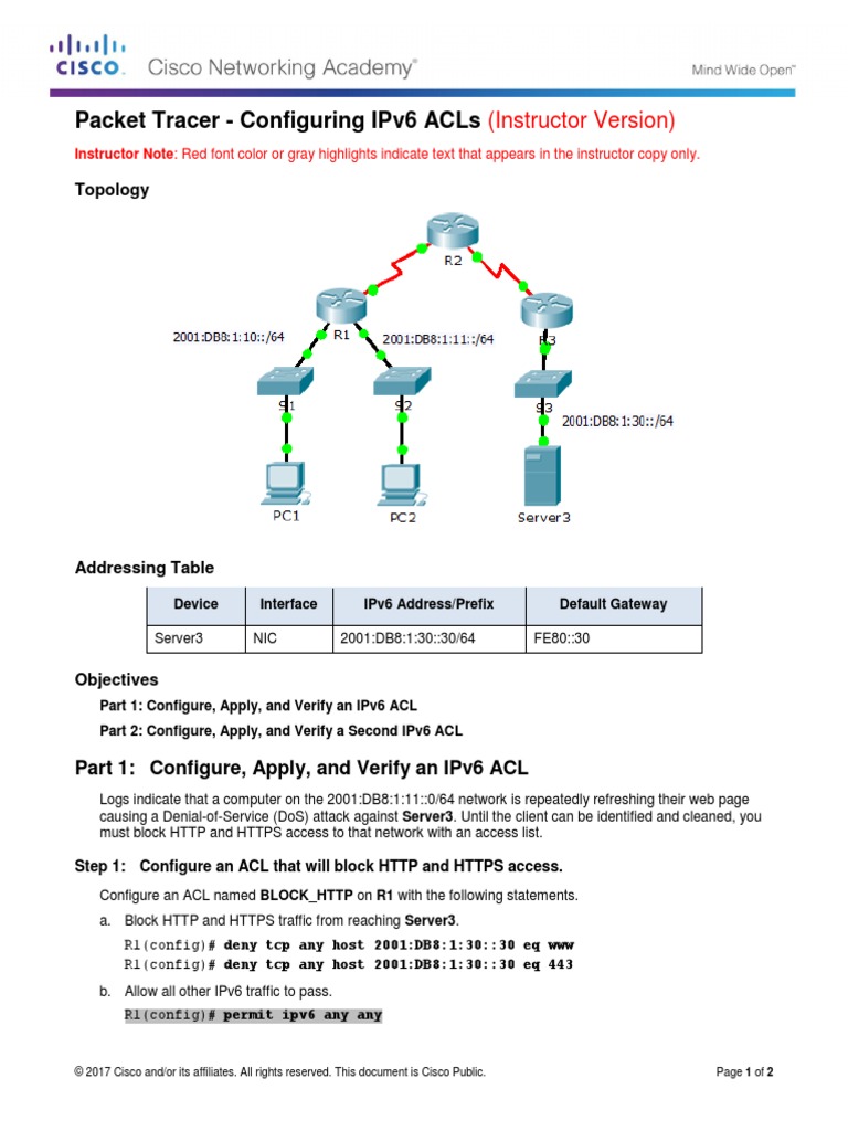 4.3.2.6 Packet Tracer - Configuring IPv6 ACLs - ILM | PDF | I Pv6 | Denial Of Service Attack
