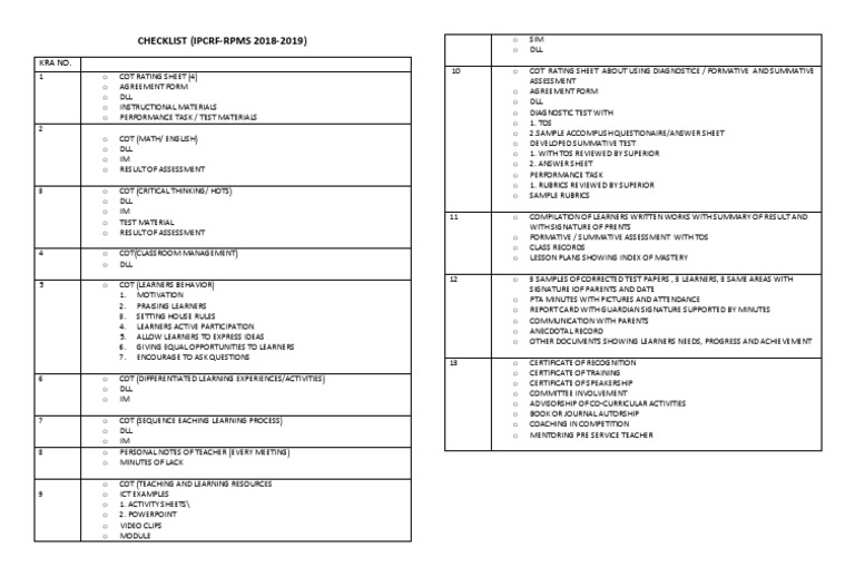 CHECKLIST (IPCRF-RPMS 2018-2019) : Kra No | PDF | Educational Technology | Change