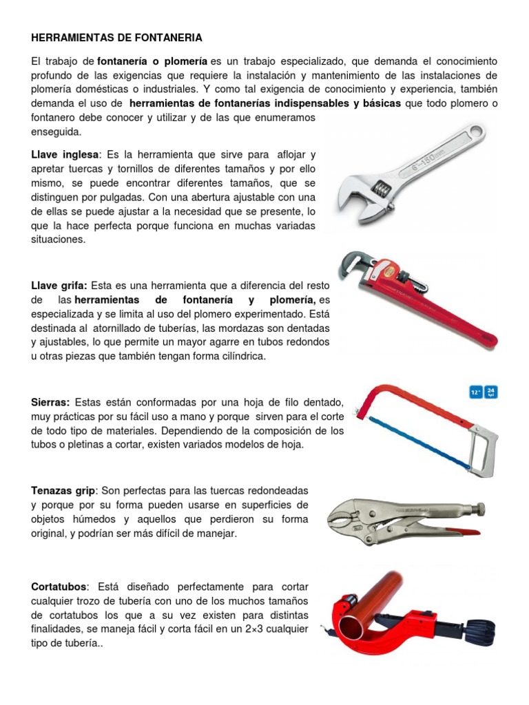 HERRAMIENTAS DE FONTANERIA.docx | Herramientas | Naturaleza